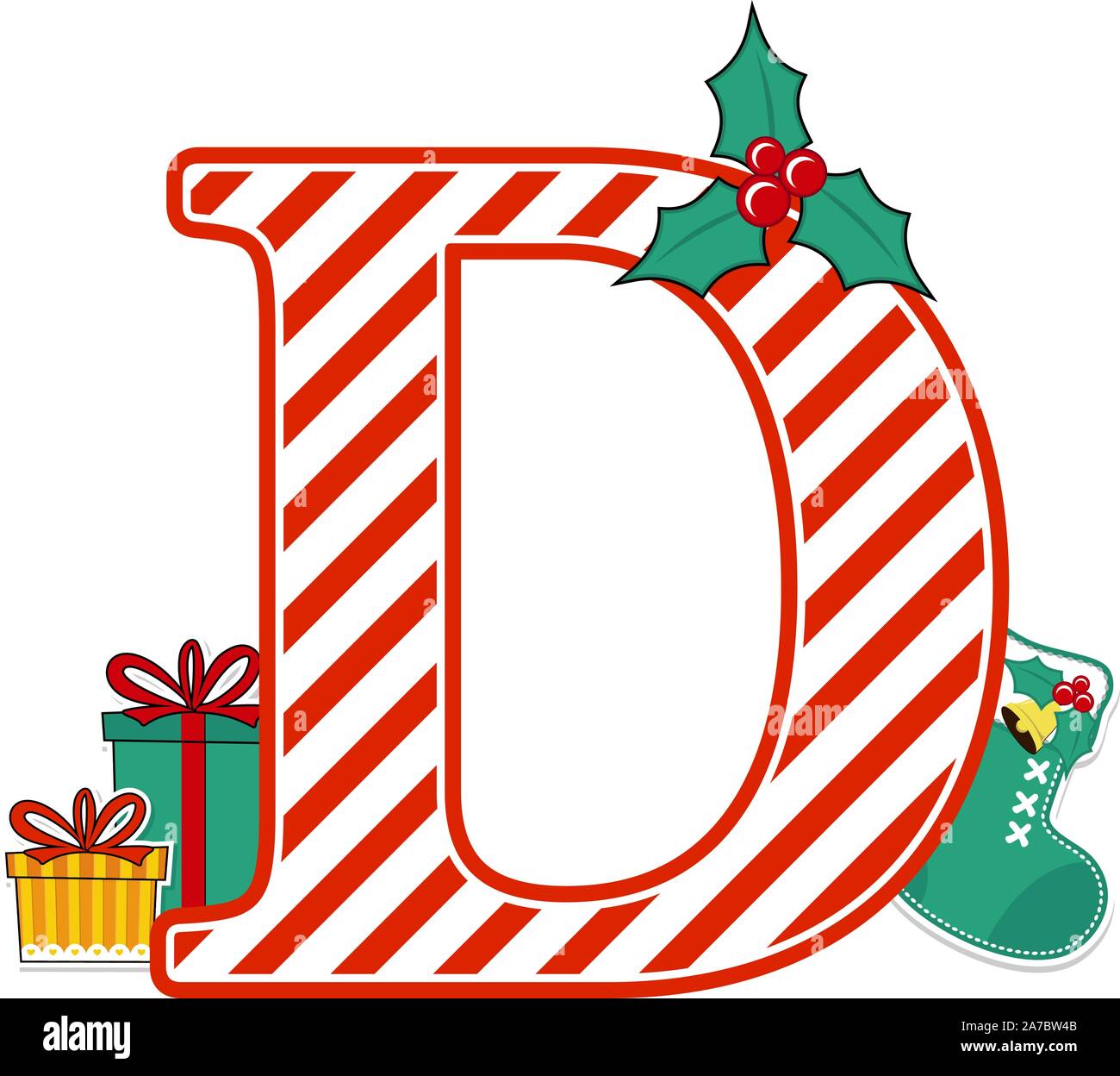 Capital Letter D With Red And White Candy Cane Pattern And Christmas Design Elements Isolated On