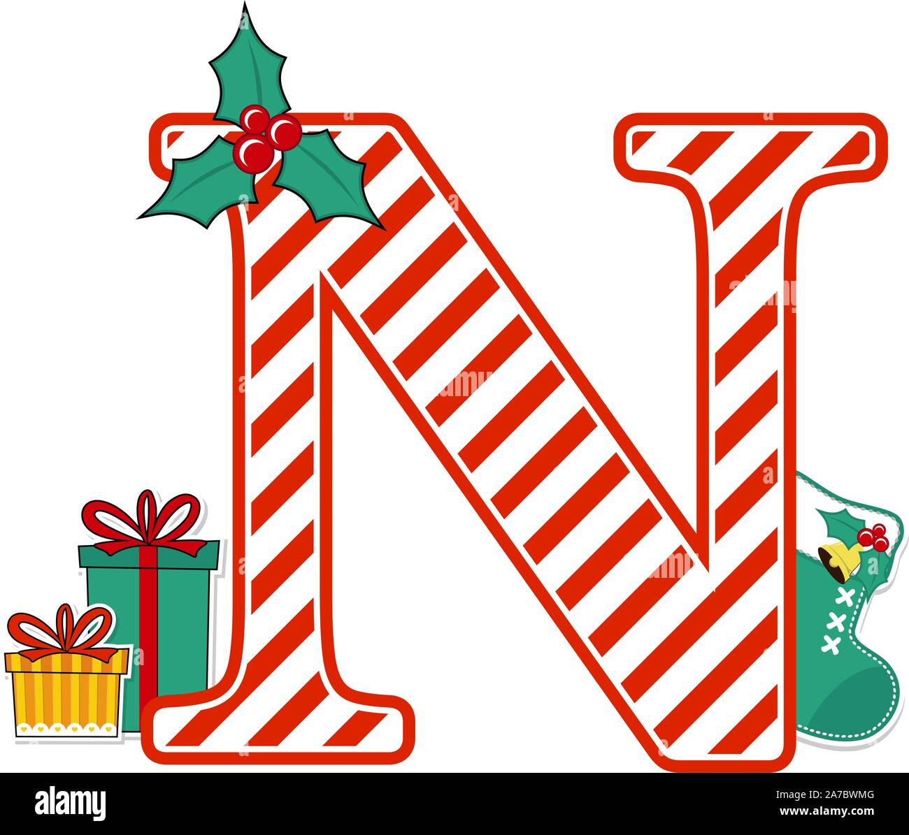 capital letter n with red and white candy cane pattern and christmas ...