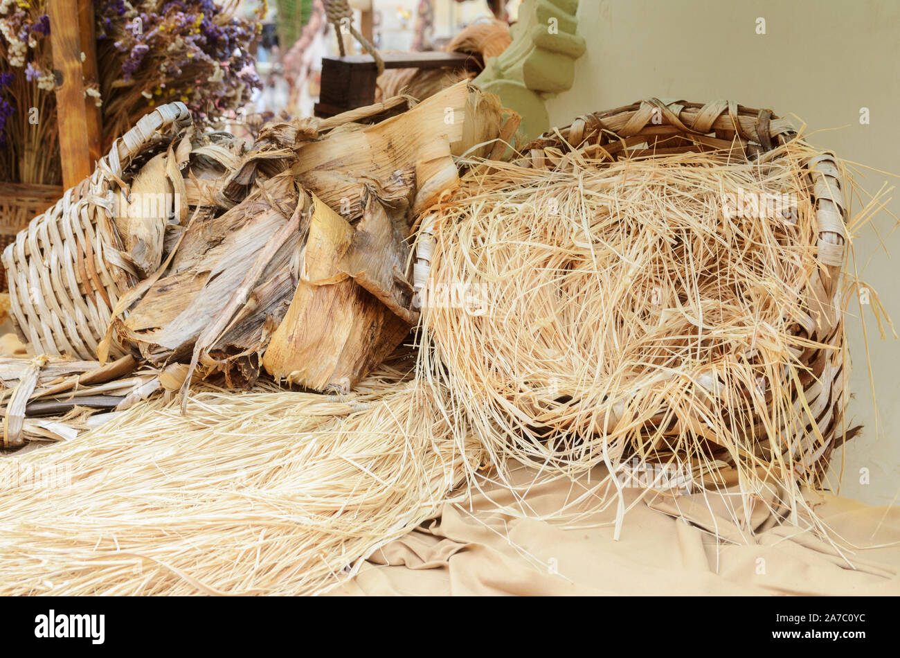 Dry yellow hay stack background with copyspace. Haystack grass in ...