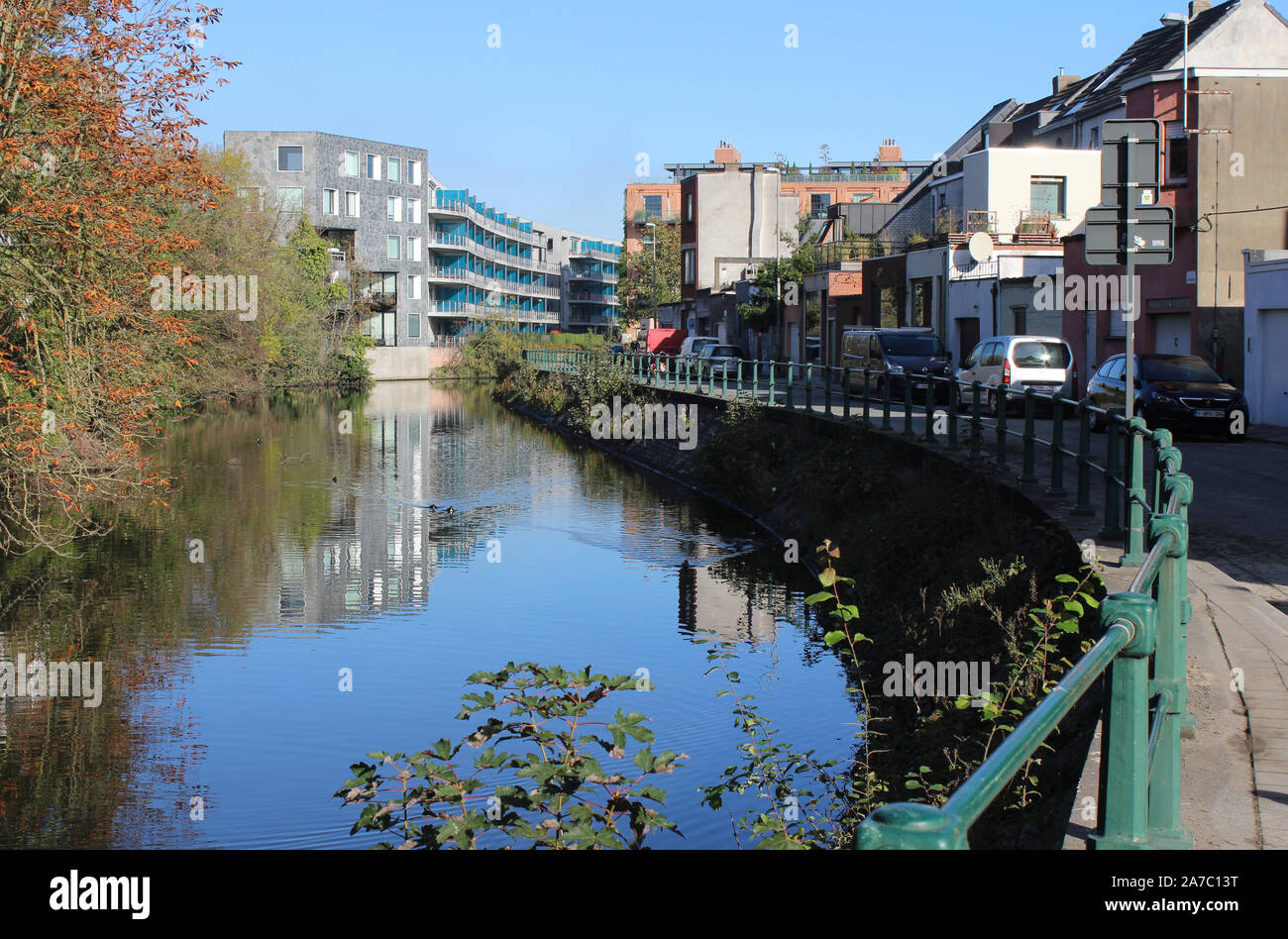 GENT, BELGIUM, 28 OCTOBER 2019: View of an arm of the Schelde River as ...