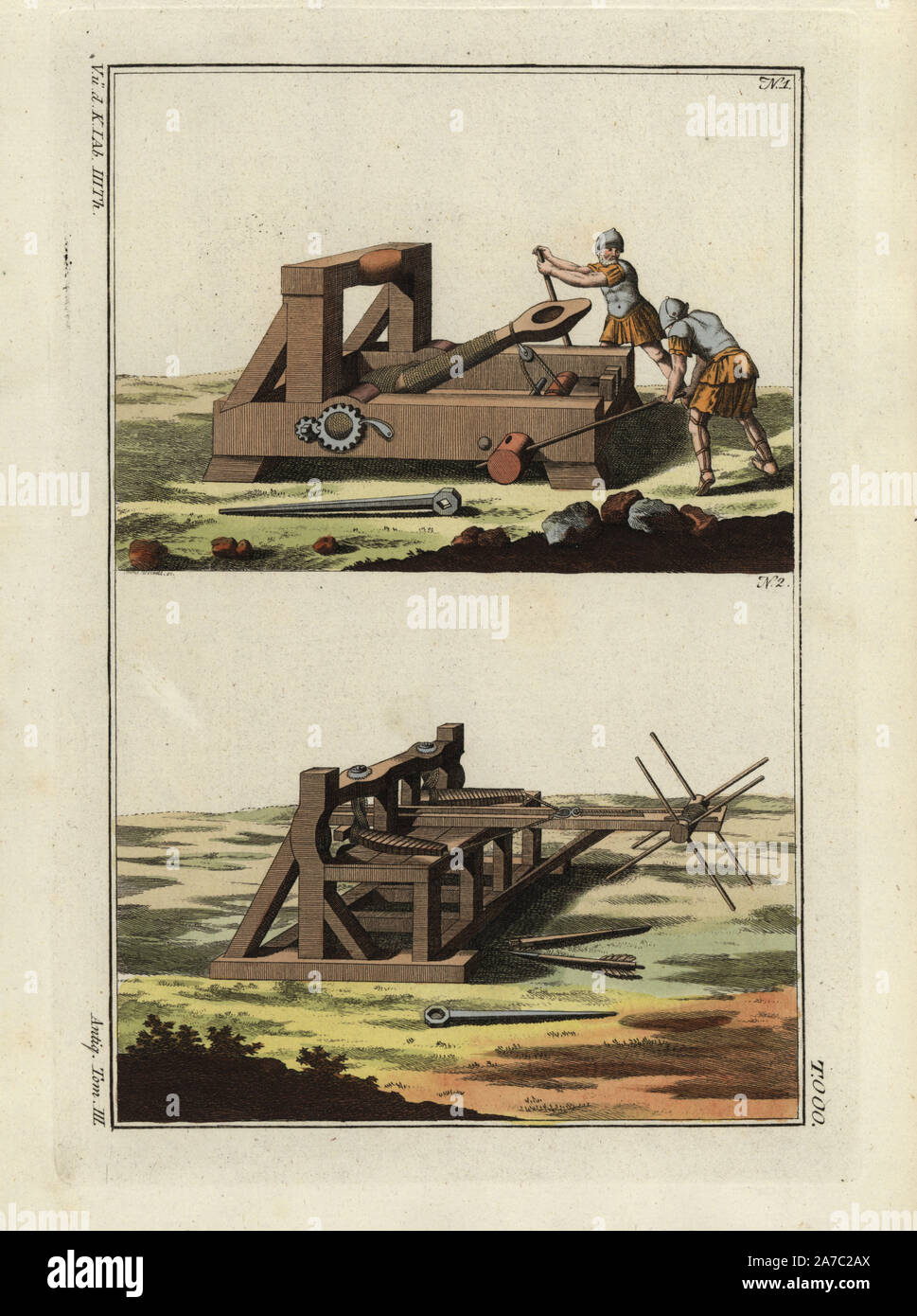 Roman catapult and ballista. Handcoloured copperplate engraving from ...
