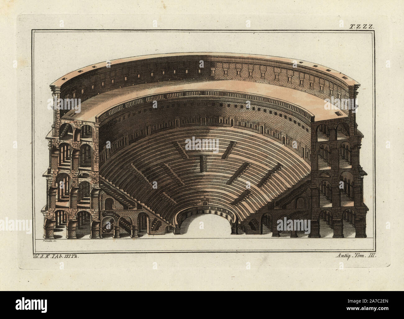 Interior of a Roman ampitheatre. Handcoloured copperplate engraving ...