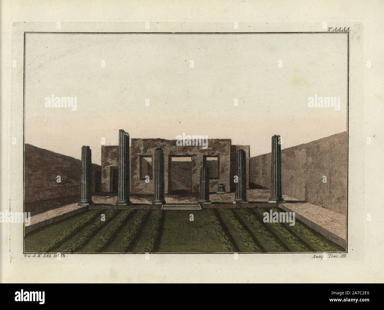 Courtyard in a Roman house with columns. Handcoloured copperplate ...