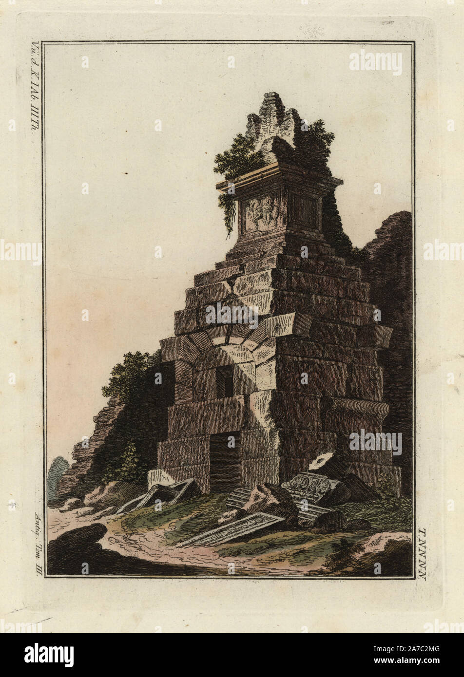 Ruins of an ancient Roman tomb. Handcoloured copperplate engraving from ...