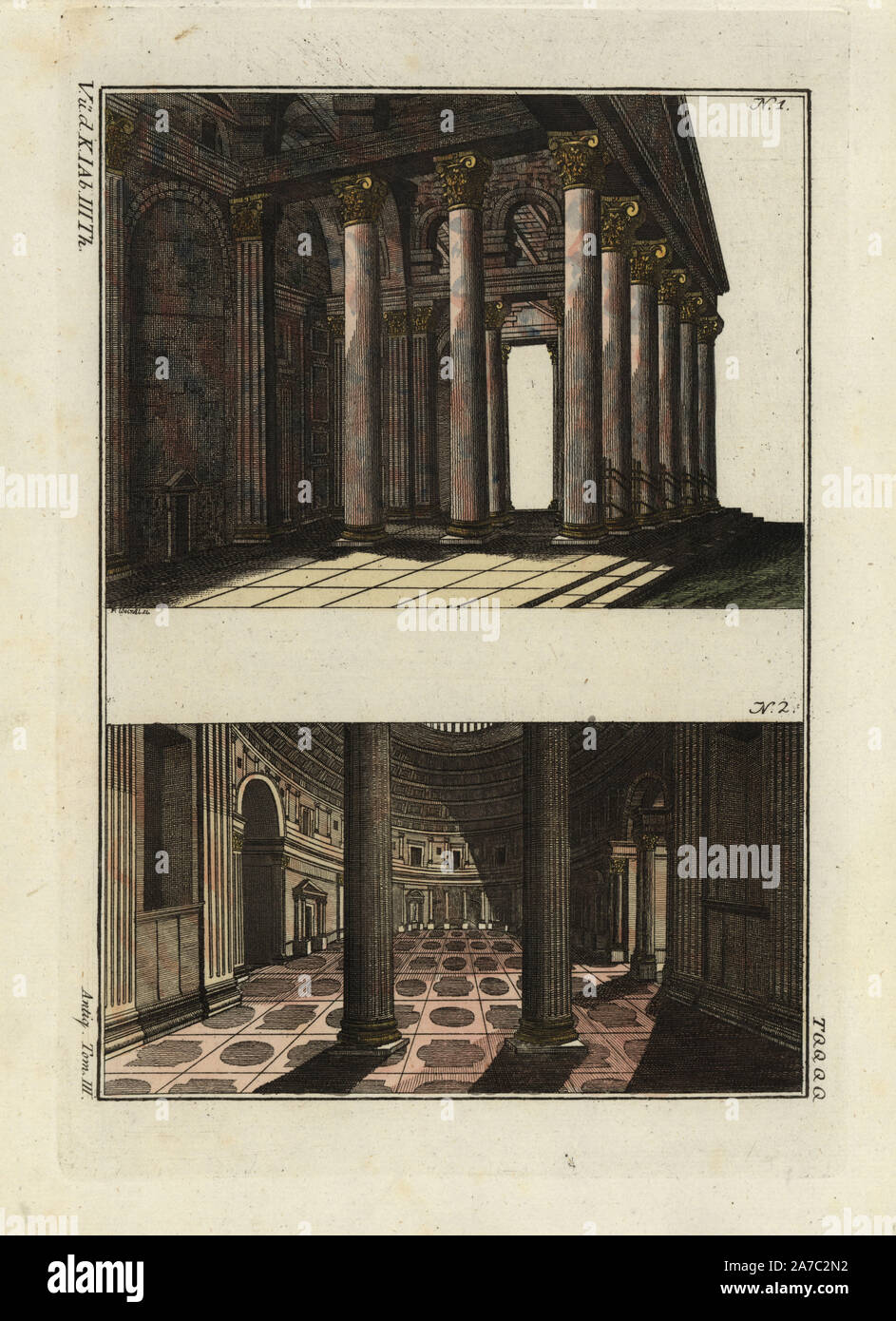 Interior of the Roman Pantheon. Handcoloured copperplate engraving from ...