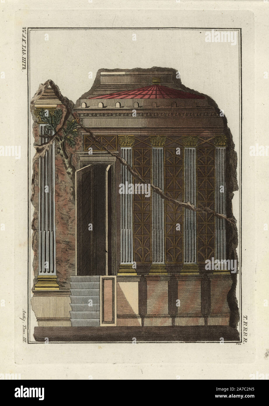 Roman temple. Handcoloured copperplate engraving by Paul Weindl from ...