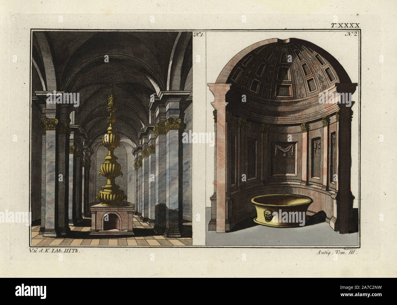 Interior of the Roman baths, showing vaulted room with fountain, and a ...