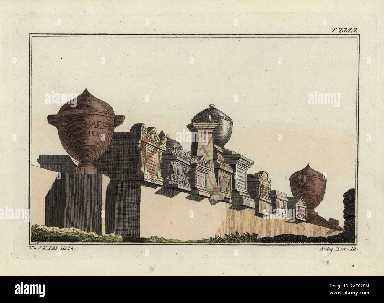 Roman funeral stones and urns. Handcoloured copperplate engraving from ...