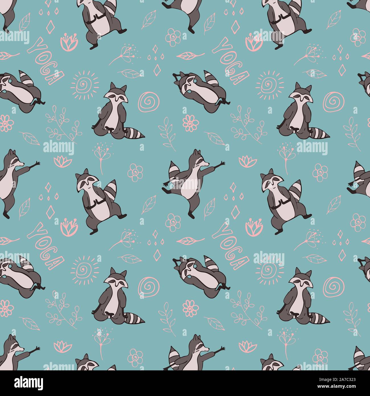 Hand drawn raccoon vector seamless pattern. Trendy graphic wallpaper ...