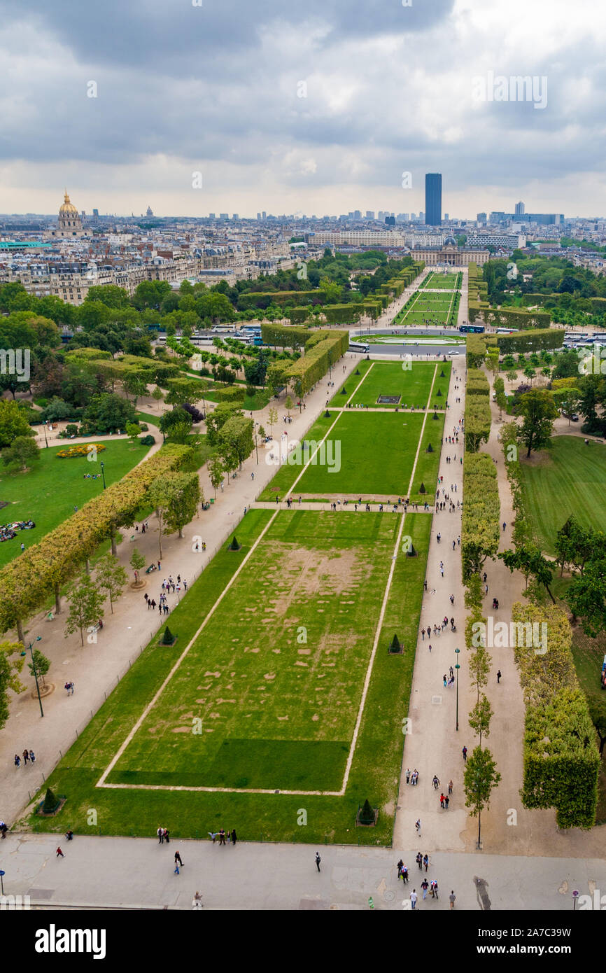 Great aerial portrait view of the Champ de Mars park in Paris. In the ...