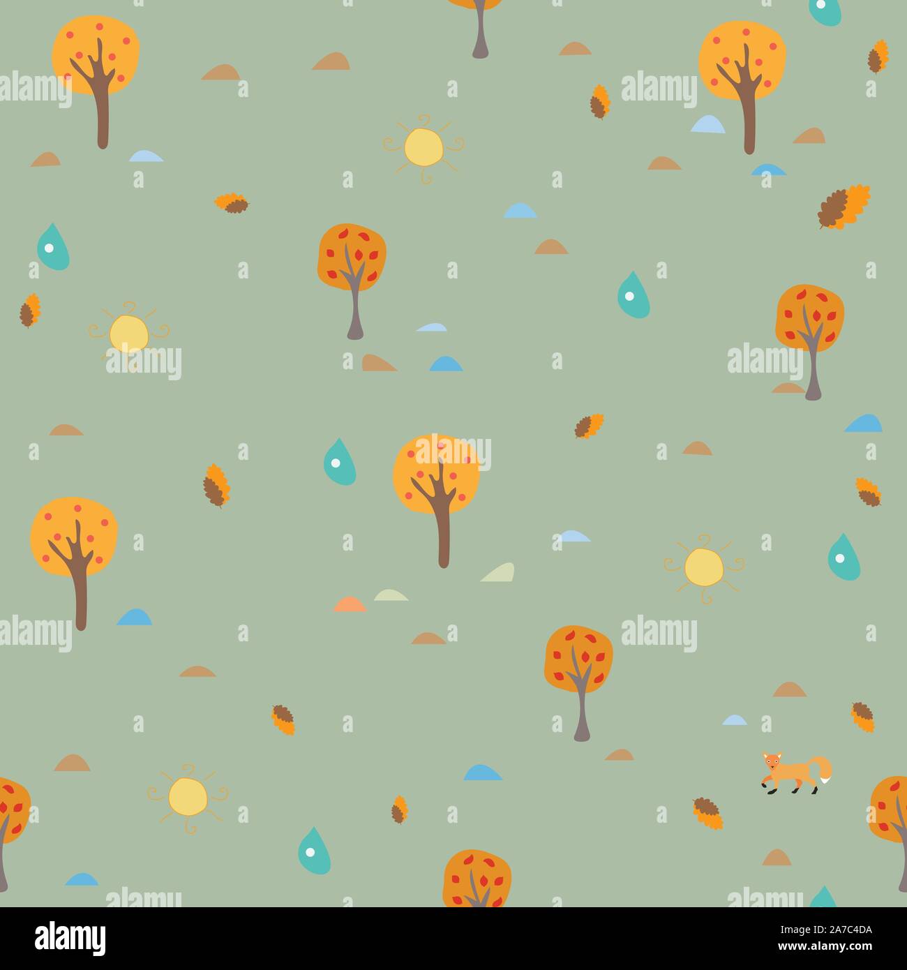 Cute Cold Autumn Pattern with yellow trees and sun. Vector Illustration ...
