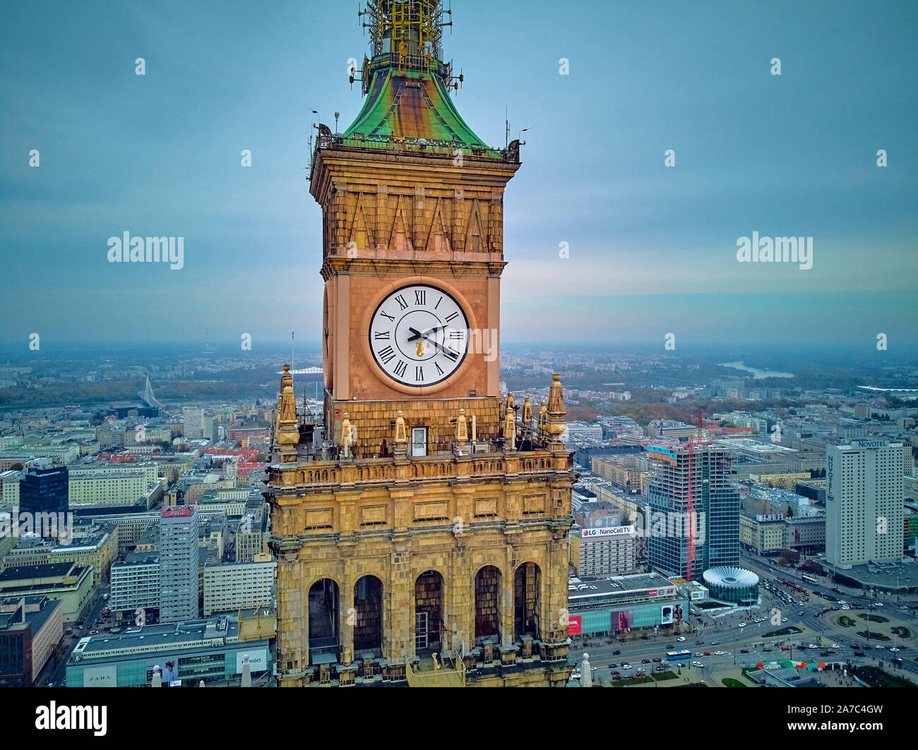 WARSAW, POLAND - OCTOBER 19, 2019: Beautiful panoramic aerial close-up ...