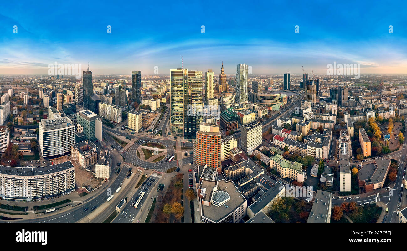 WARSAW, POLAND - OCTOBER 19, 2019: Beautiful panoramic aerial drone view to panorama cityscape ...