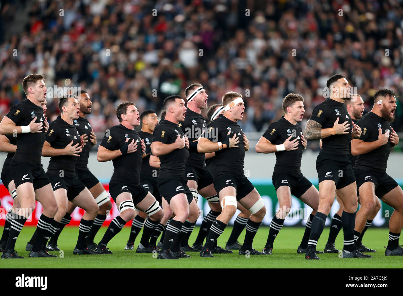 New Zealand's Kieran Read (centre) leads the Haka ahead of the 2019 ...