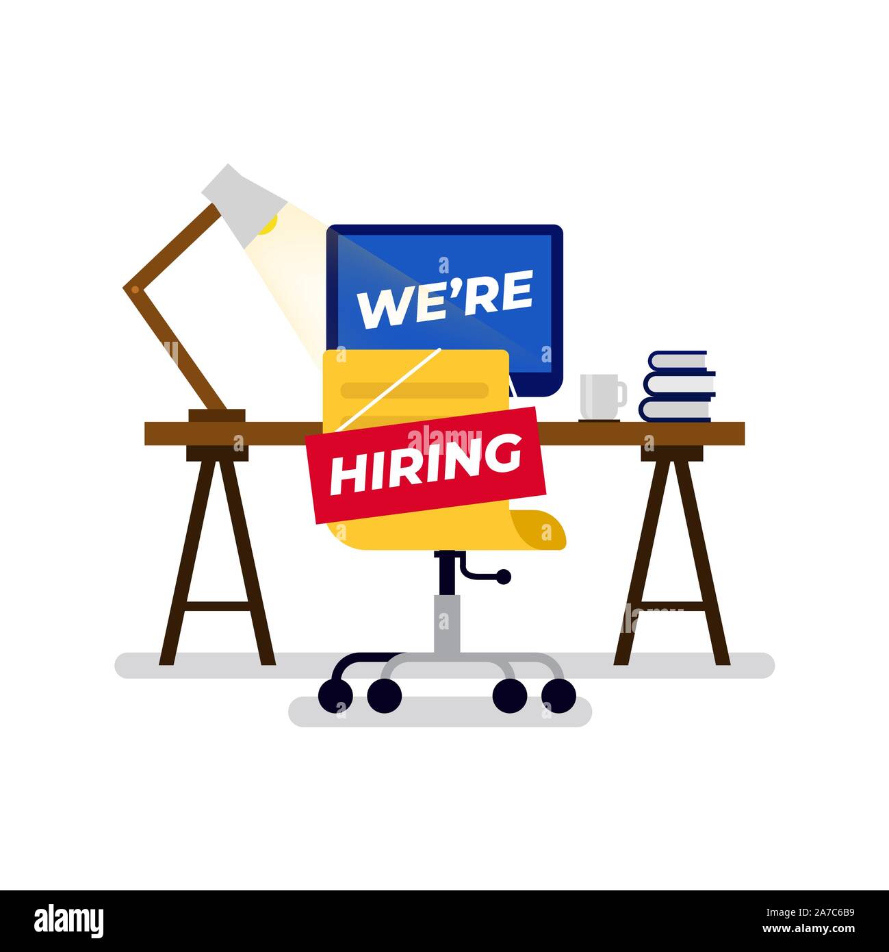 We're Hiring sign hung on the chair of empty office employee workplace ...