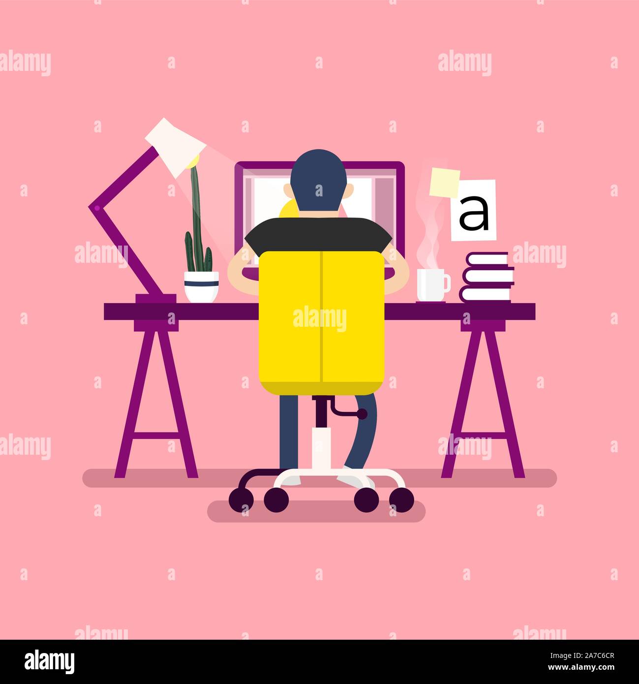 Graphic design workspace. Designers sitting on the desk, back view ...