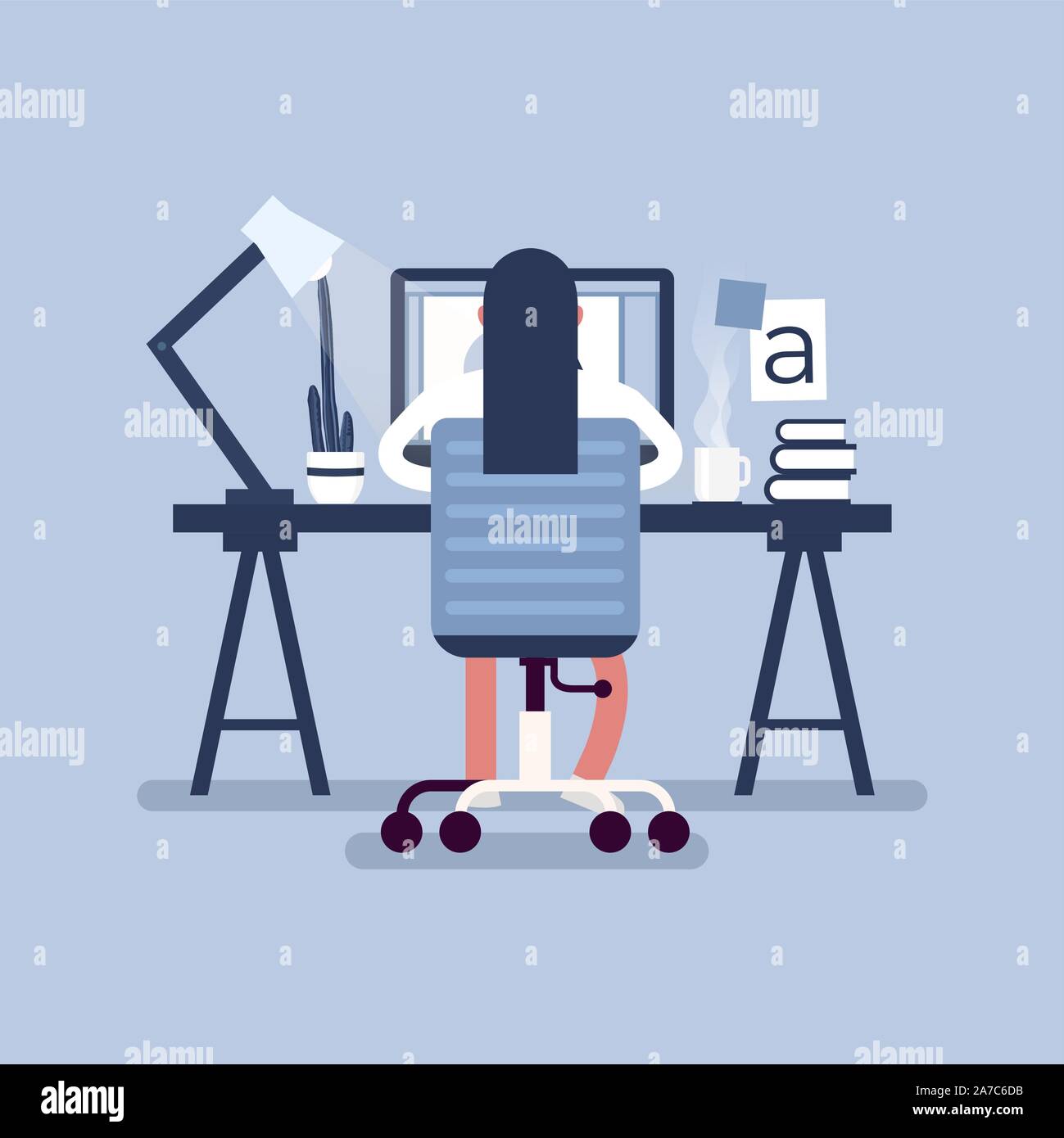 Graphic design workspace. Designers sitting on the desk, back view ...