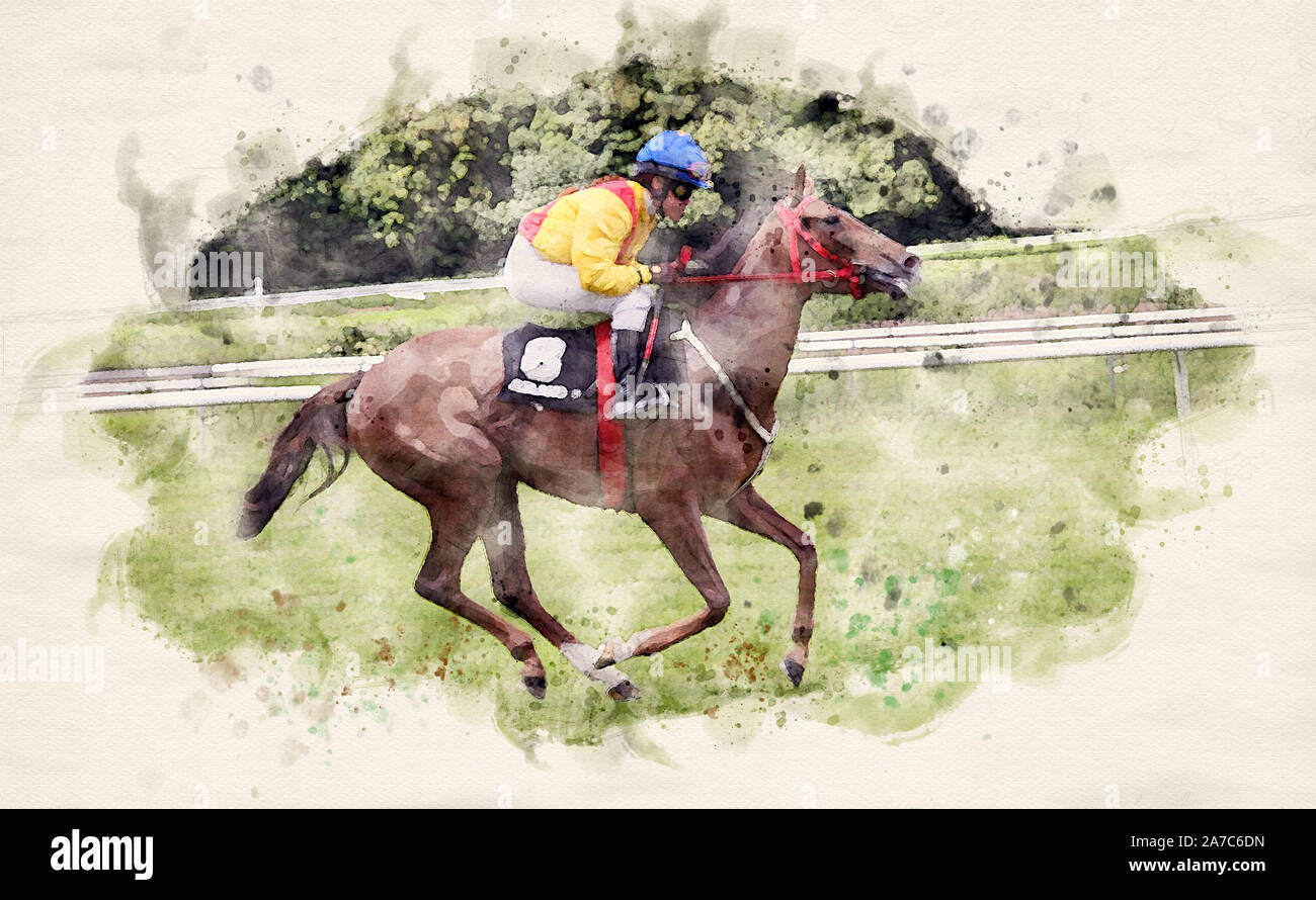 Racing horse and jockey in watercolor illustration Stock Photo - Alamy