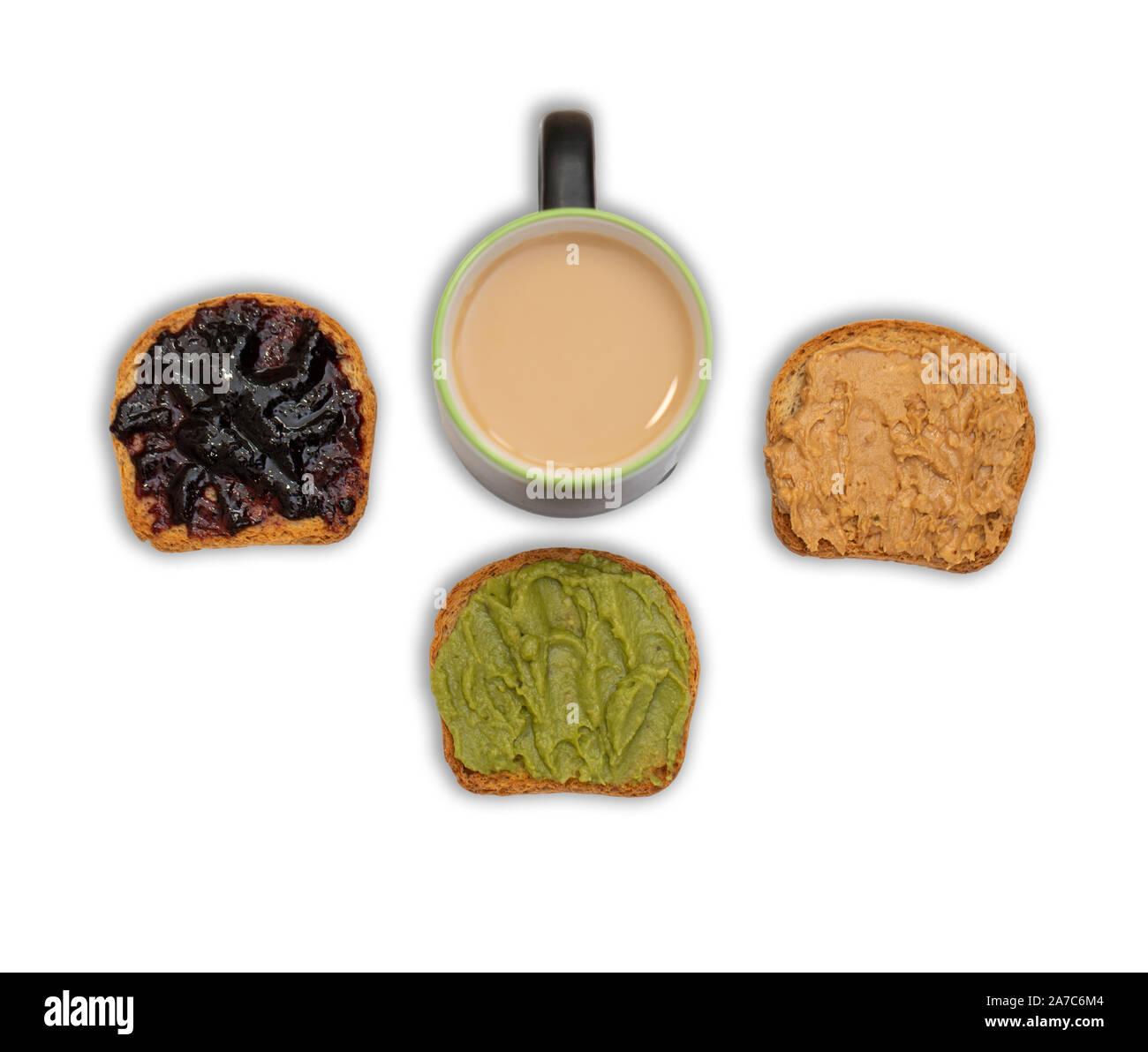 Breakfast toasts isolated on white with shadow and a cup of coffee ...