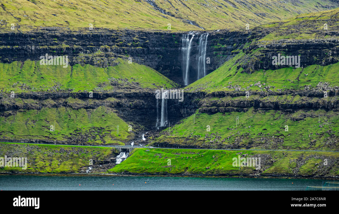 Long shot of Fossa waterfall in Faroe Islands Stock Photo - Alamy