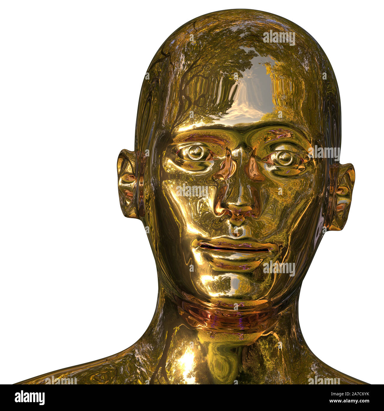 Robot iron head golden man android face polished solid. Futuristic ...