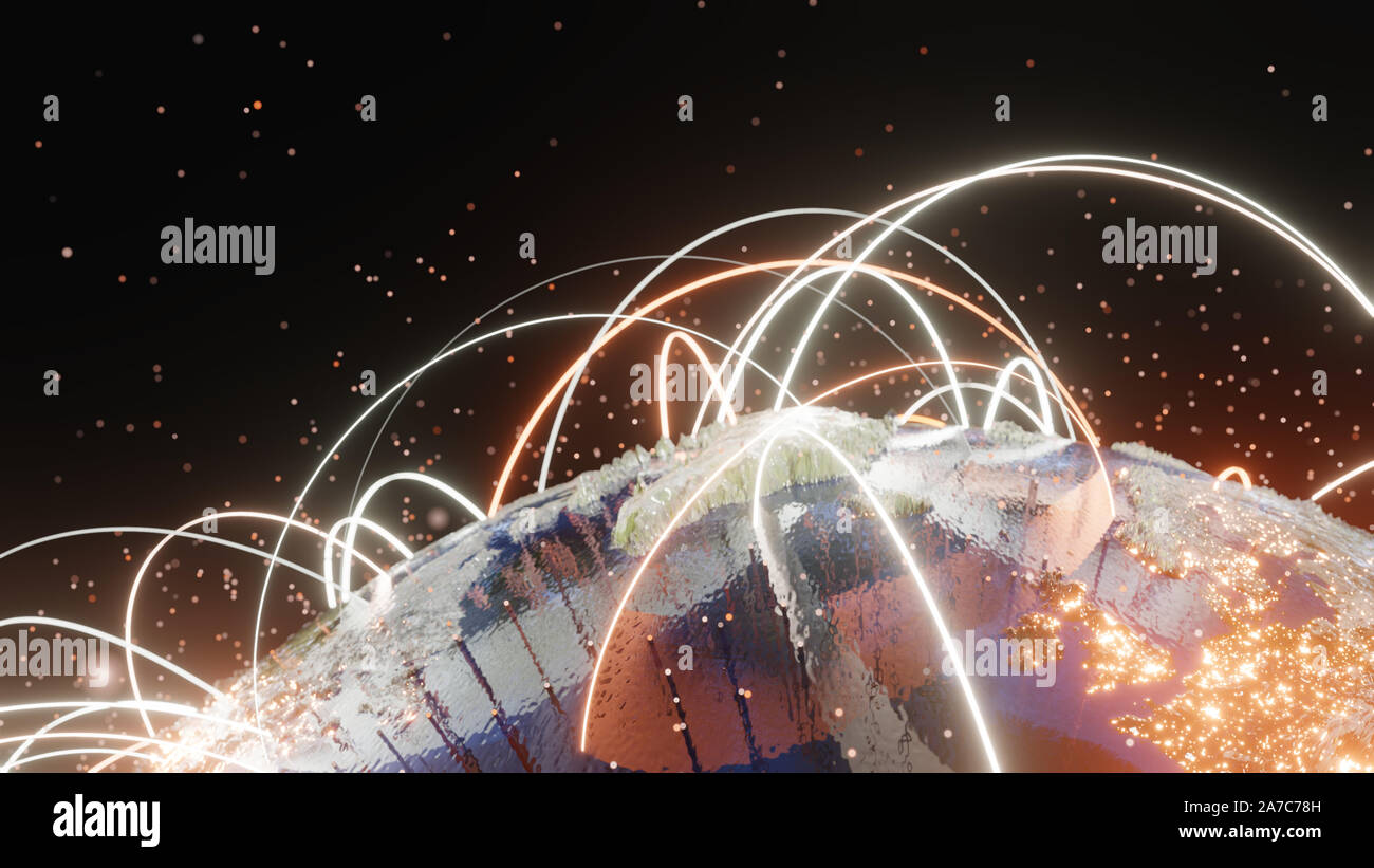 Connection curves and dots around Earth globe, Futuristic technology ...