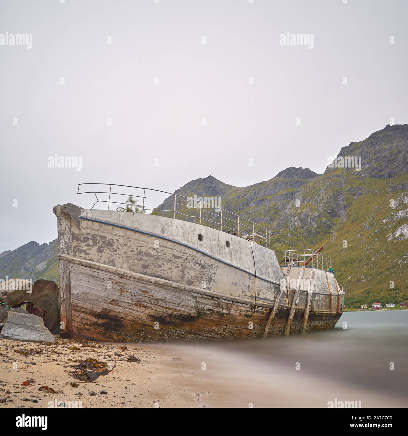 A stranded ship. It has been on the beach for a long time. In the ...