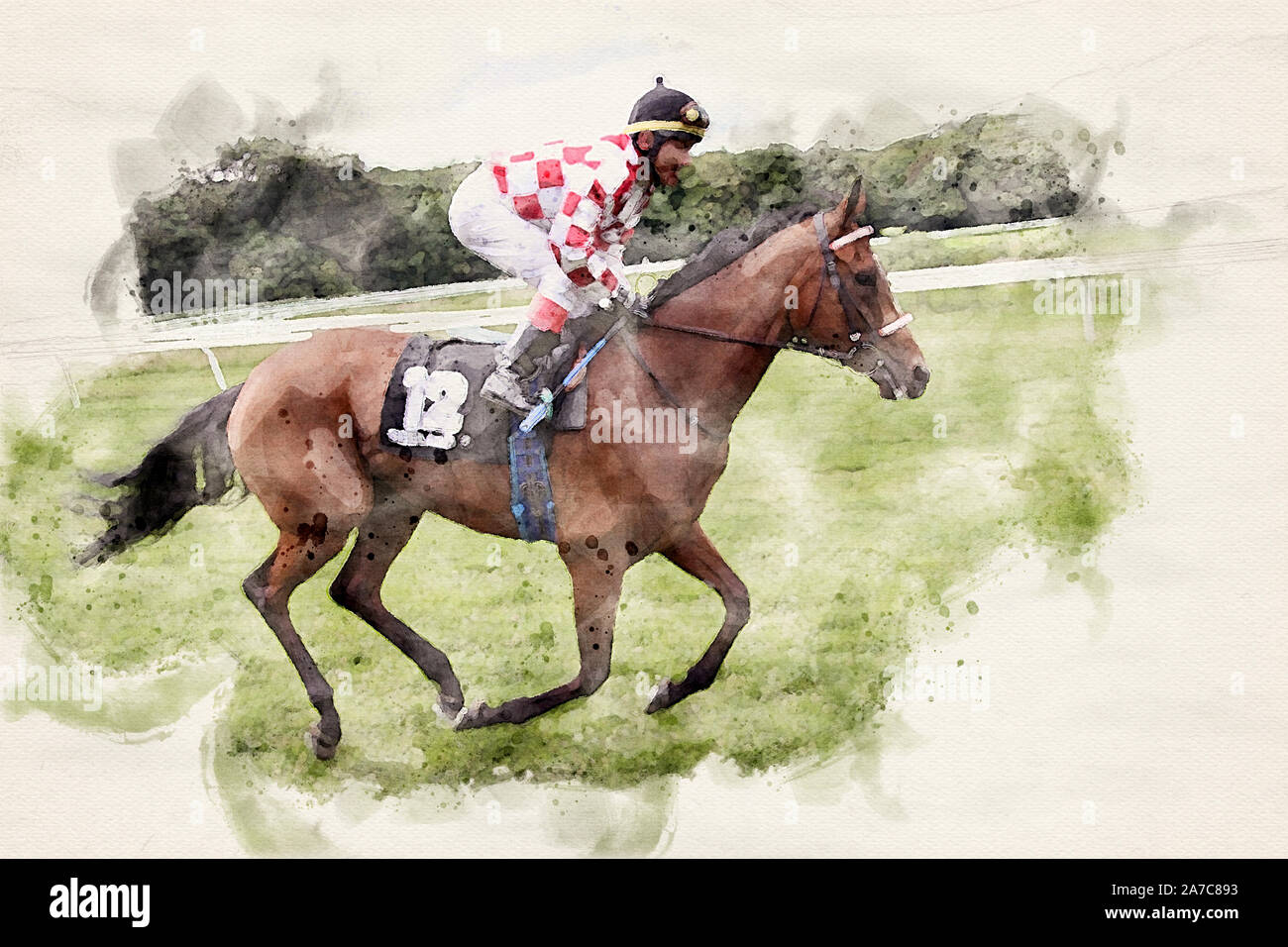 Racing horse and jockey in watercolor illustration Stock Photo - Alamy