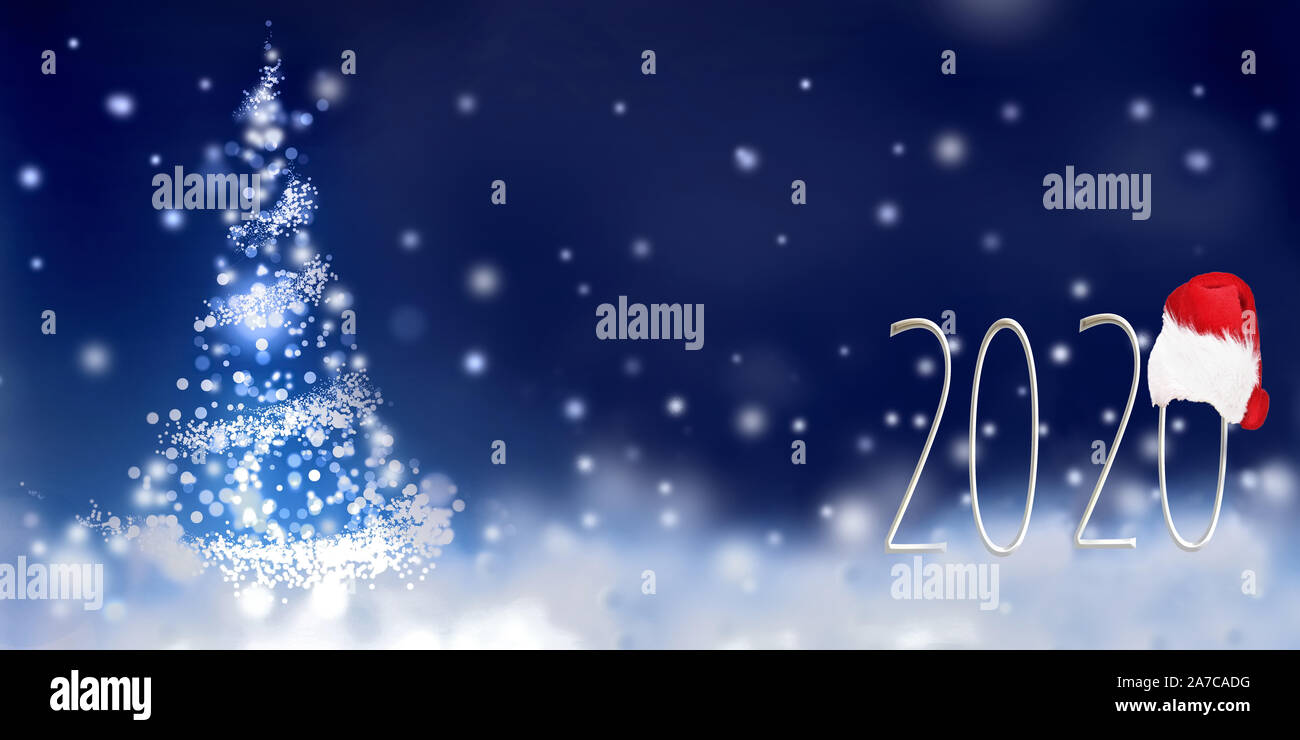 santa claus hat on 2020 figures and abstract christmas tree on blue ...