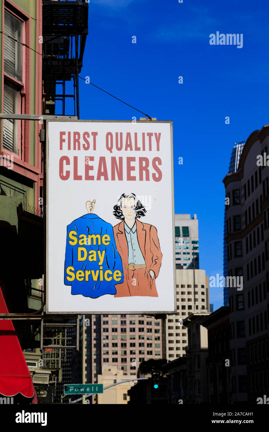 First Quality Cleaners sign. Bush St, San Francisco, California, United ...
