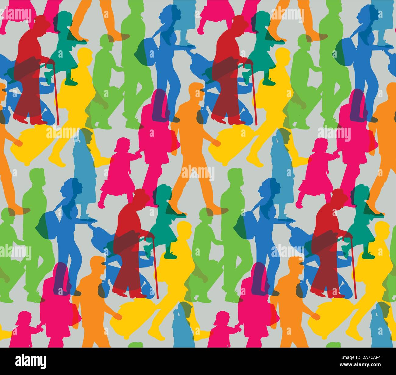 Color happy family people travel silhouette seamless pattern. Color ...