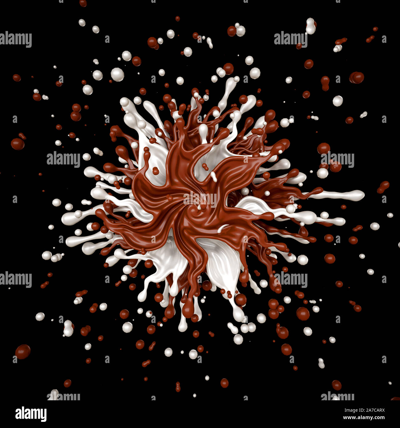 Explosion burst - milk and chocolate isolated on a black background. 3d ...