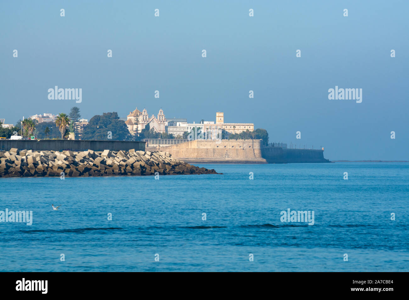 View from Atlantic ocean on old part of Cadiz, Andalusia, Spain in ...