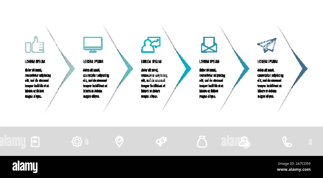 Vector infographic flat template. Arrow with text and icons for five diagrams, graph, flowchart ...