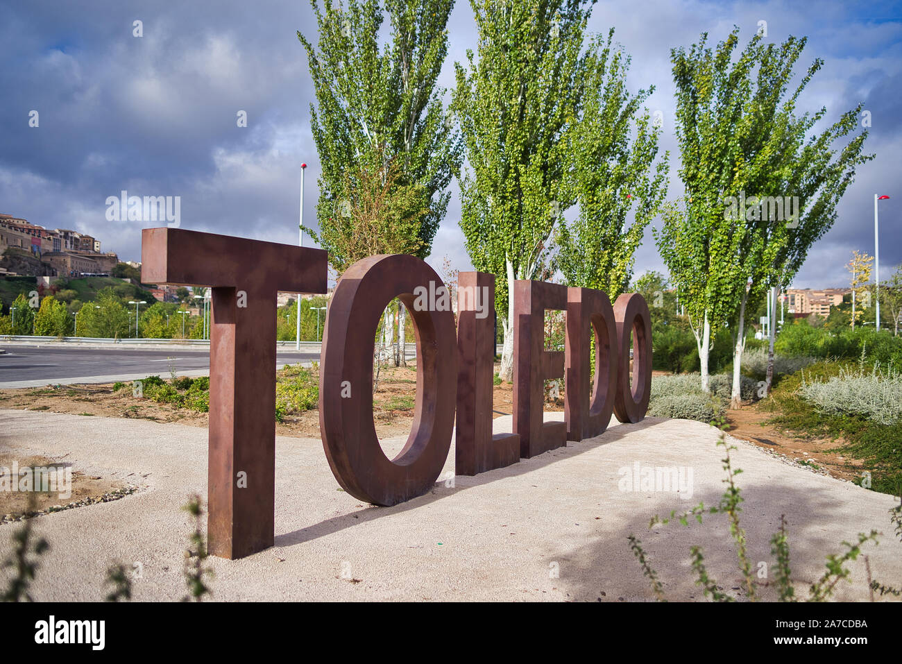 Welcome to Toledo, Spain. Welcome sign at the entrance of the city of ...