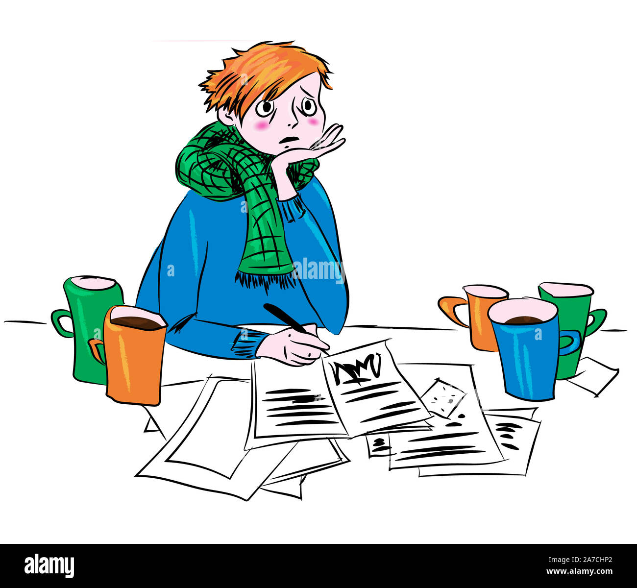 Upset young girl sitting over sheets of paper and documents Stock Photo ...