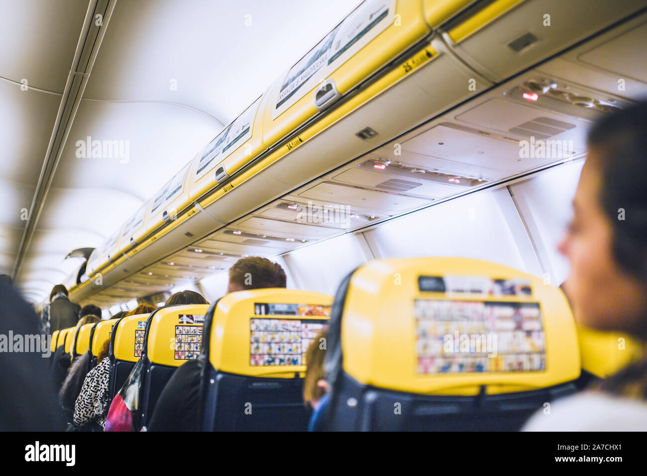 Paris, France - October 06, 2019: Interior of Ryanair airplane inside ...