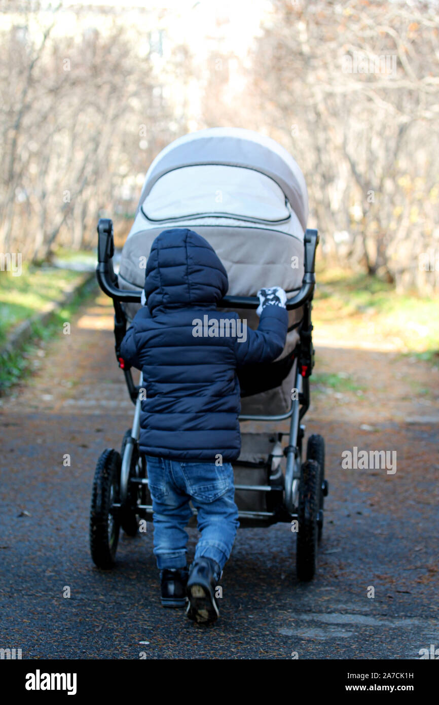 Young kid walking with his sibling in the stroller. Small child on a ...
