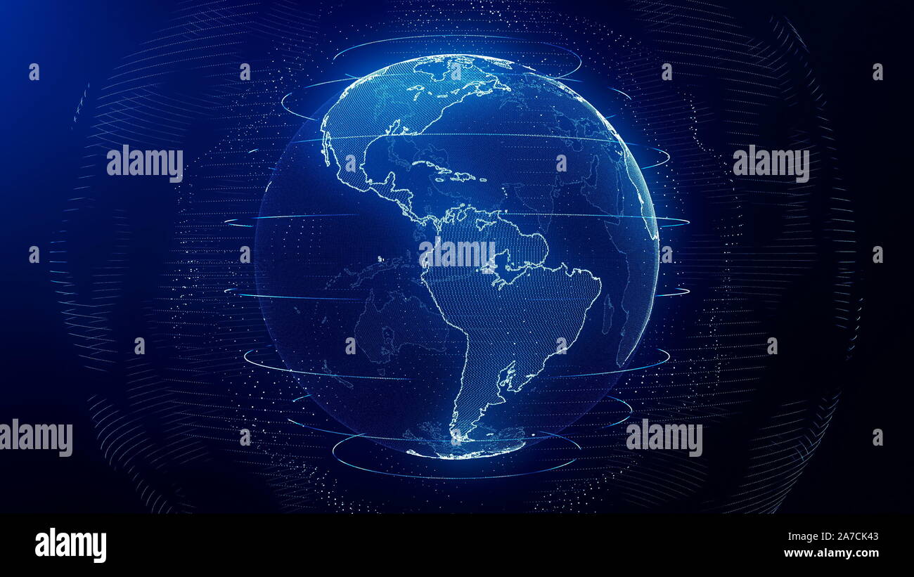 Futuristic Earth America skyline. Data network around planet in digital ...