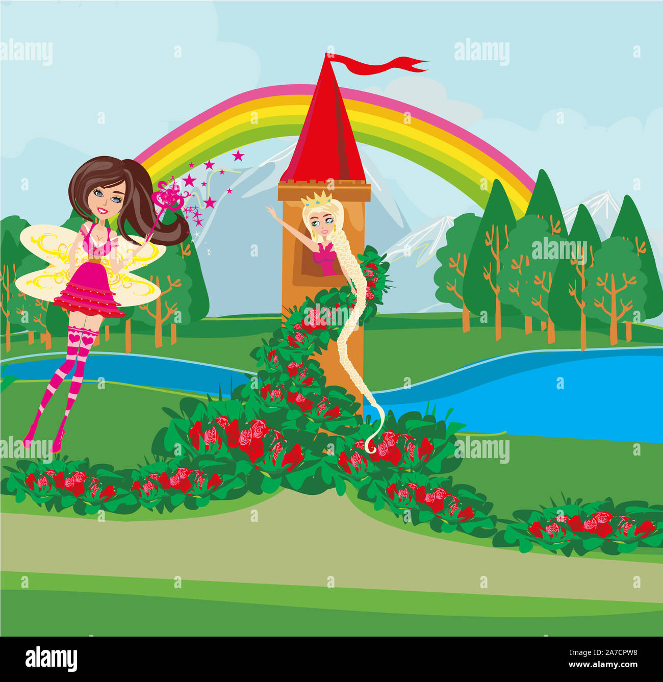 Landscape with fairytale tower and beautiful princess Stock Photo - Alamy