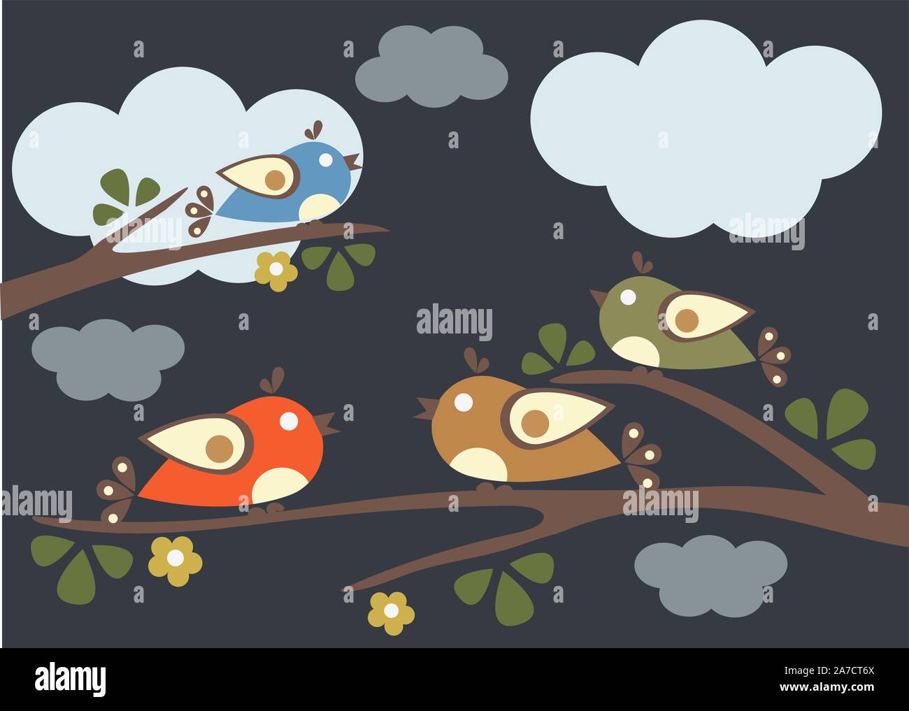 Birds sitting on tree branches. Vector Illustration. Cloudy Night Stock ...