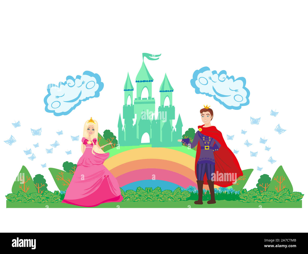 Magic castle and princess with prince Stock Photo - Alamy