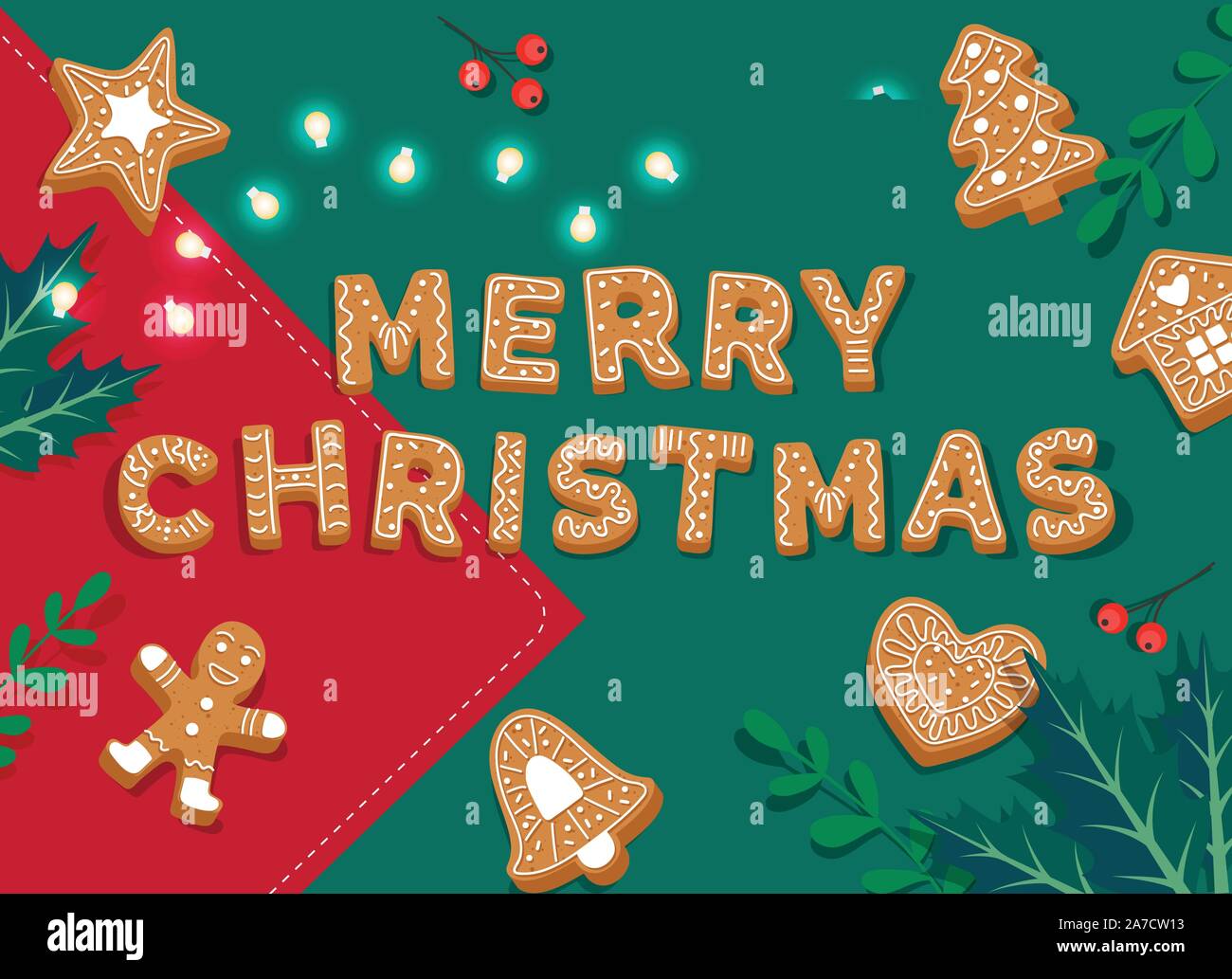 Merry Christmas card template with gingerbread letters and cookies ...