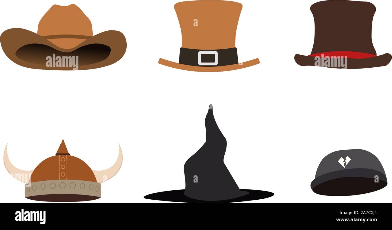 Fantasy hats set vector illustration.Fashion flat hat design.Classic ...