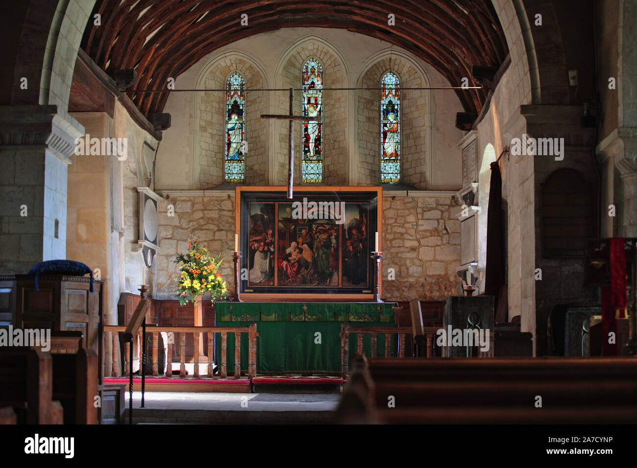 Chancel and altar of St. Mary's Church, Selborne, Hampshire, UK showing ...