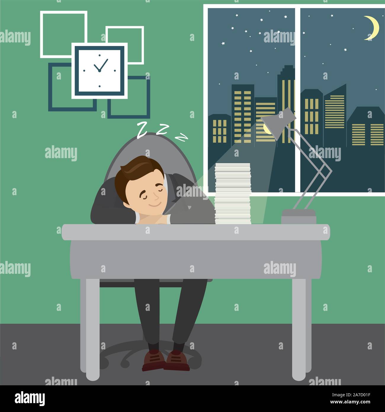 Tired businessman sleep at the table,cartoon vector illustration Stock ...