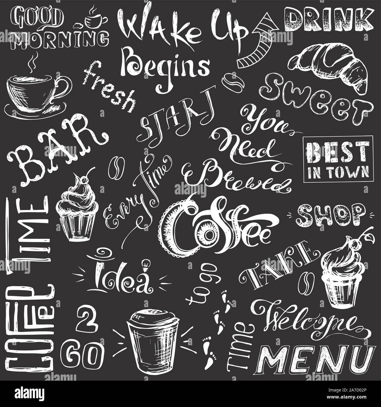 Coffee set, hand drawn lettering and sign on black background , vector ...