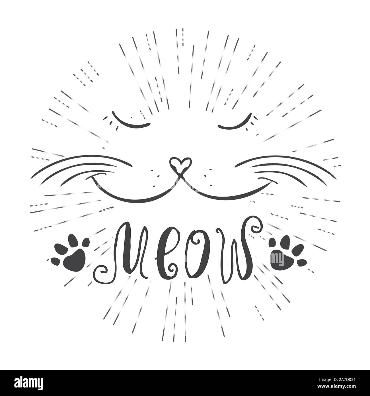 Cute cat and MEOW, Hand drawn T-shirt design or greeting card,vector ...