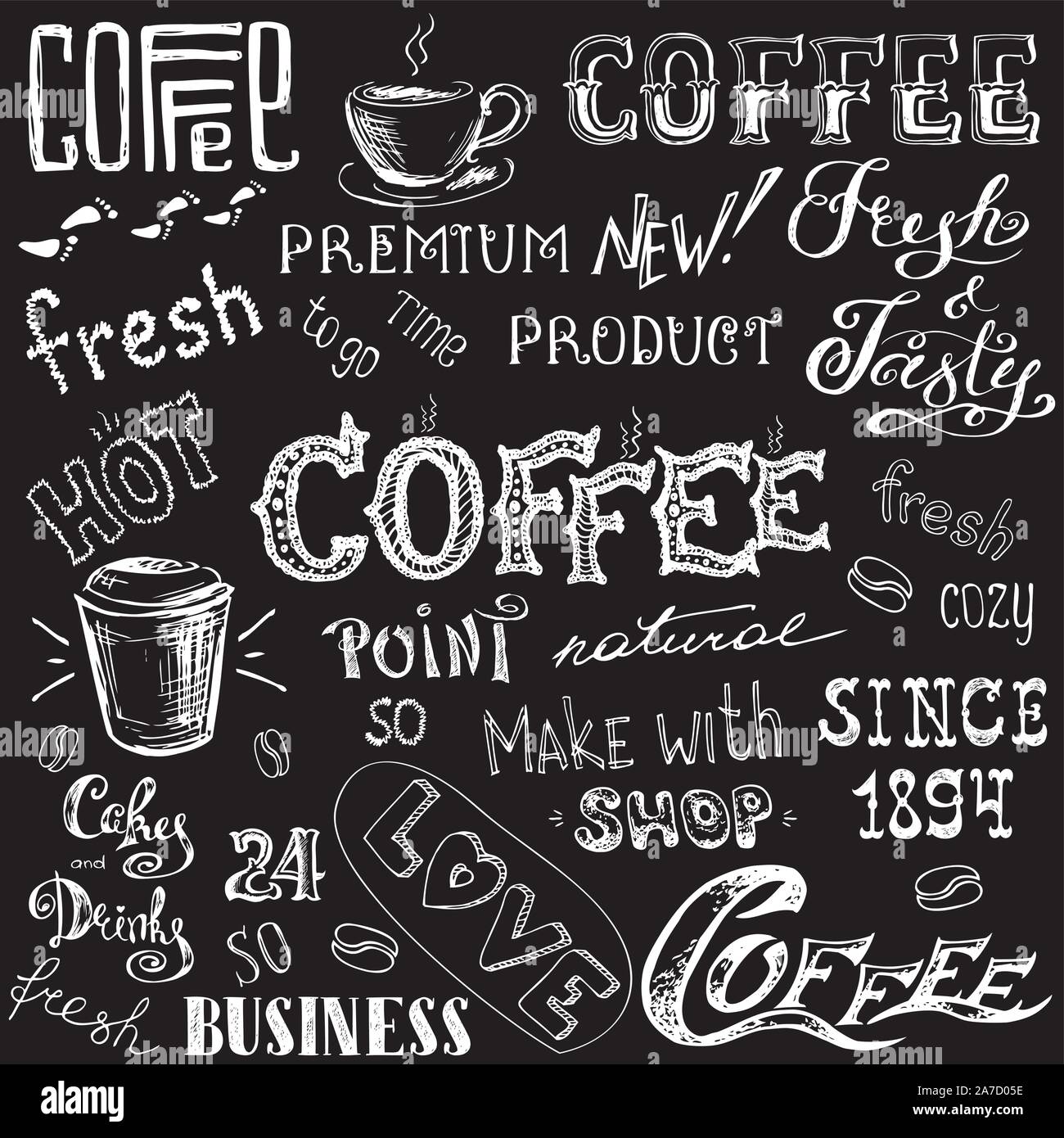 Coffee set, hand drawn lettering and sign on black background , vector ...