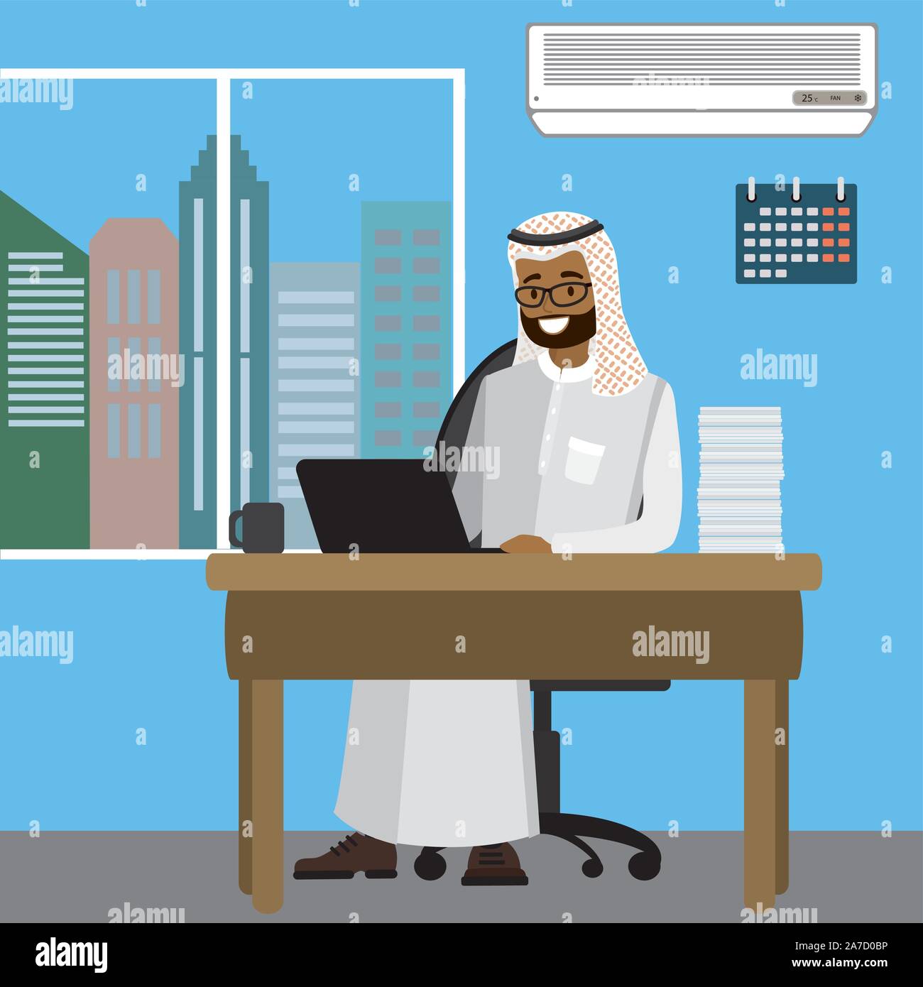 Arabic businessman working on laptop in office, skyscrapers in window ...